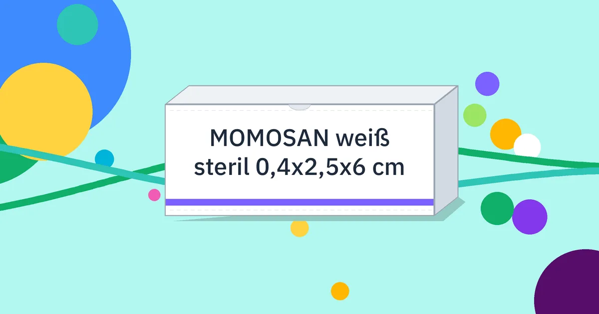 Symbolbild: Packung mit der Aufschrift MOMOSAN weiß steril 0,4x2,5x6 cm (PZN 00747199) – Verfügbarkeit und Bezug in Apotheken in Frankfurt am Main