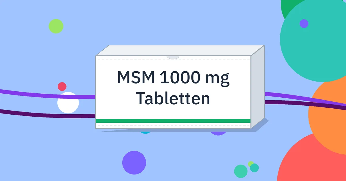 Symbolbild: Packung mit der Aufschrift MSM 1000 mg Tabletten (PZN 16686554) – Verfügbarkeit und Bezug in Apotheken in Frankfurt am Main