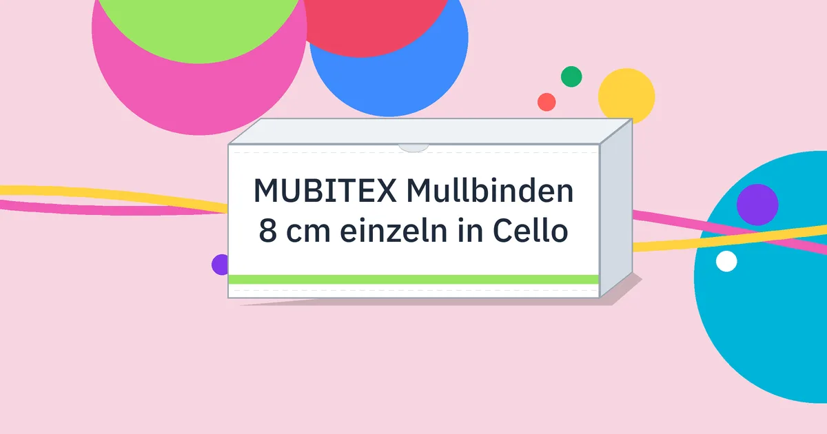 Symbolbild: Packung mit der Aufschrift MUBITEX Mullbinden 8 cm einzeln in Cello (PZN 02795104) – Verfügbarkeit und Bezug in Apotheken in Frankfurt am Main