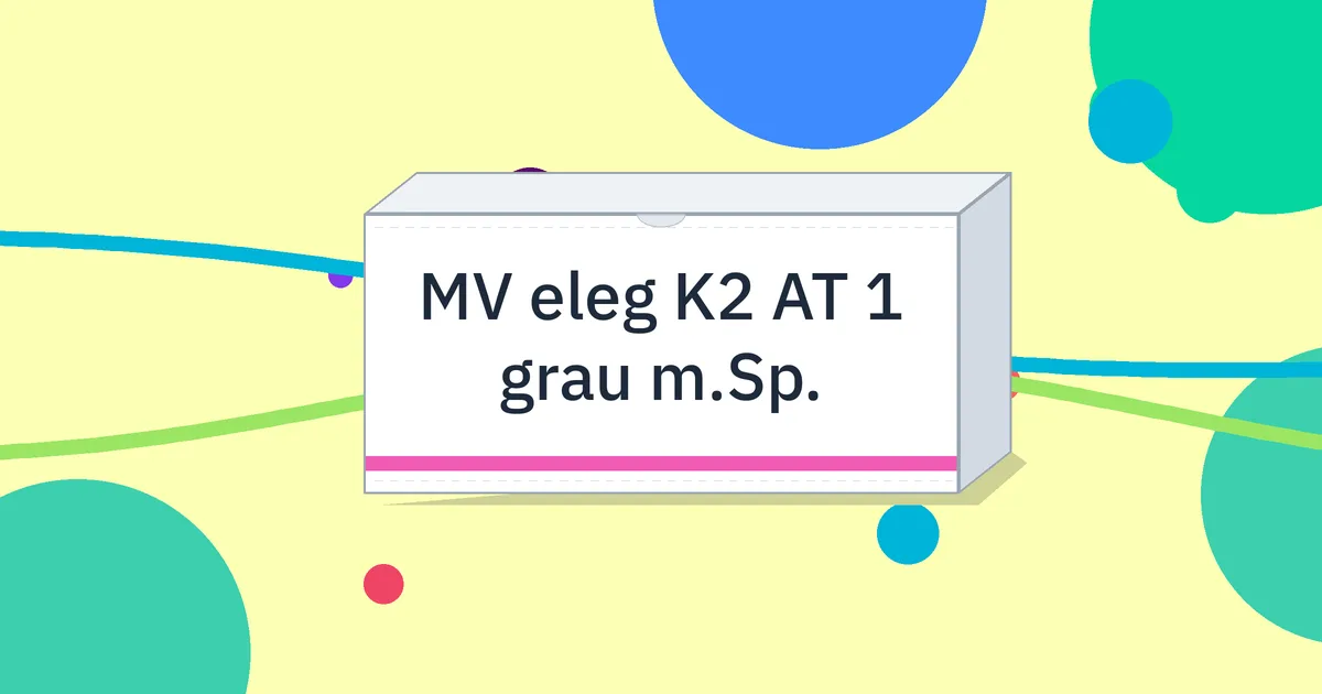 Symbolbild: Packung mit der Aufschrift MV eleg K2 AT 1 grau m.Sp. (PZN 18922680) – Verfügbarkeit und Bezug in Apotheken in Frankfurt am Main