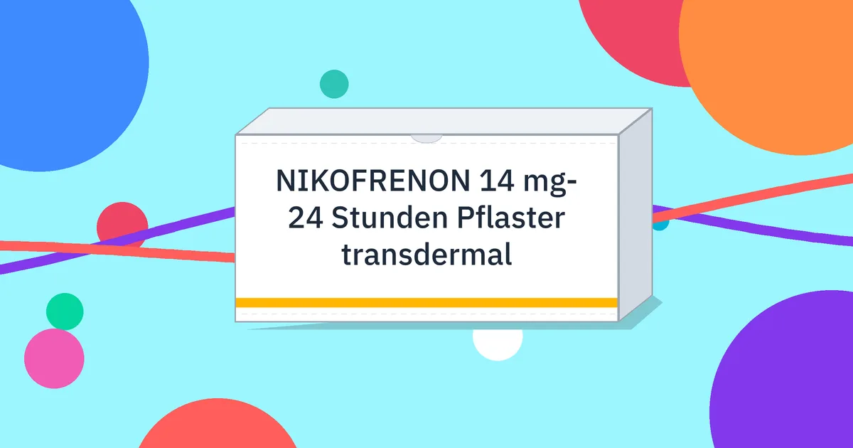 Symbolbild: Packung mit der Aufschrift NIKOFRENON 14 mg-24 Stunden Pflaster transdermal (PZN 15993248) – Verfügbarkeit und Bezug in Apotheken in Frankfurt am Main