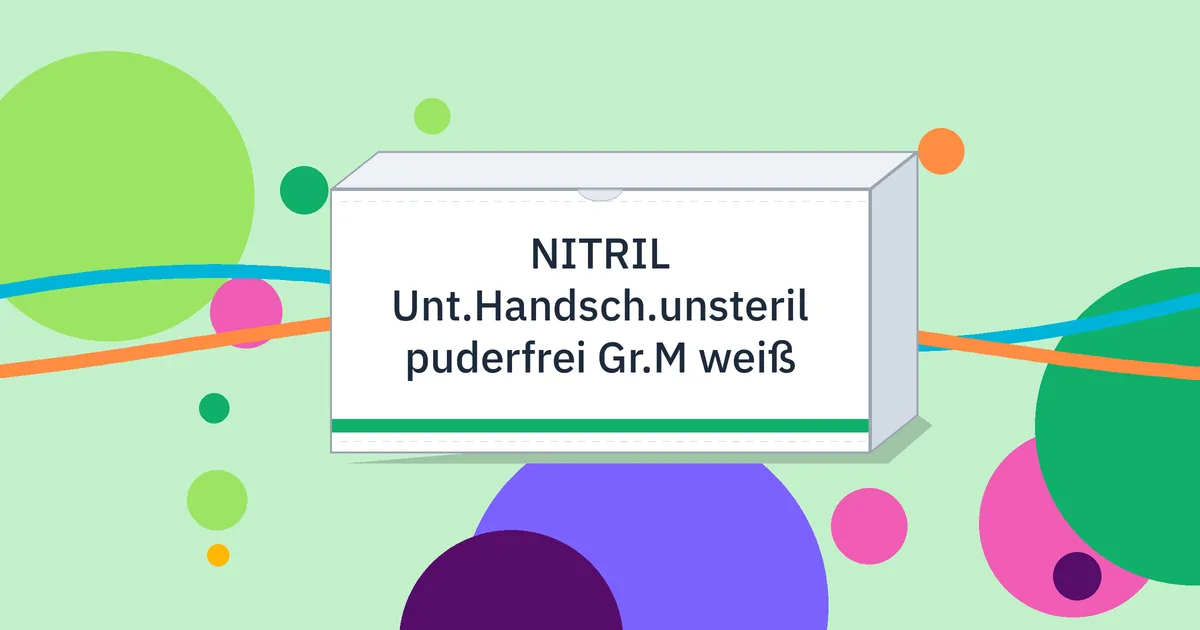 Symbolbild: Packung mit der Aufschrift NITRIL Unt.Handsch.unsteril puderfrei Gr.M weiß (PZN 13351066) – Verfügbarkeit und Bezug in Apotheken in Frankfurt am Main