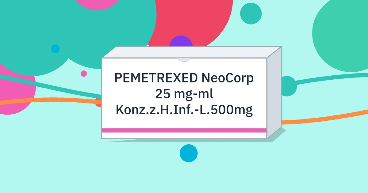 Symbolbild: Packung mit der Aufschrift PEMETREXED NeoCorp 25 mg-ml Konz.z.H.Inf.-L.500mg (PZN 19366235) – Verfügbarkeit und Bezug in Apotheken in Frankfurt am Main