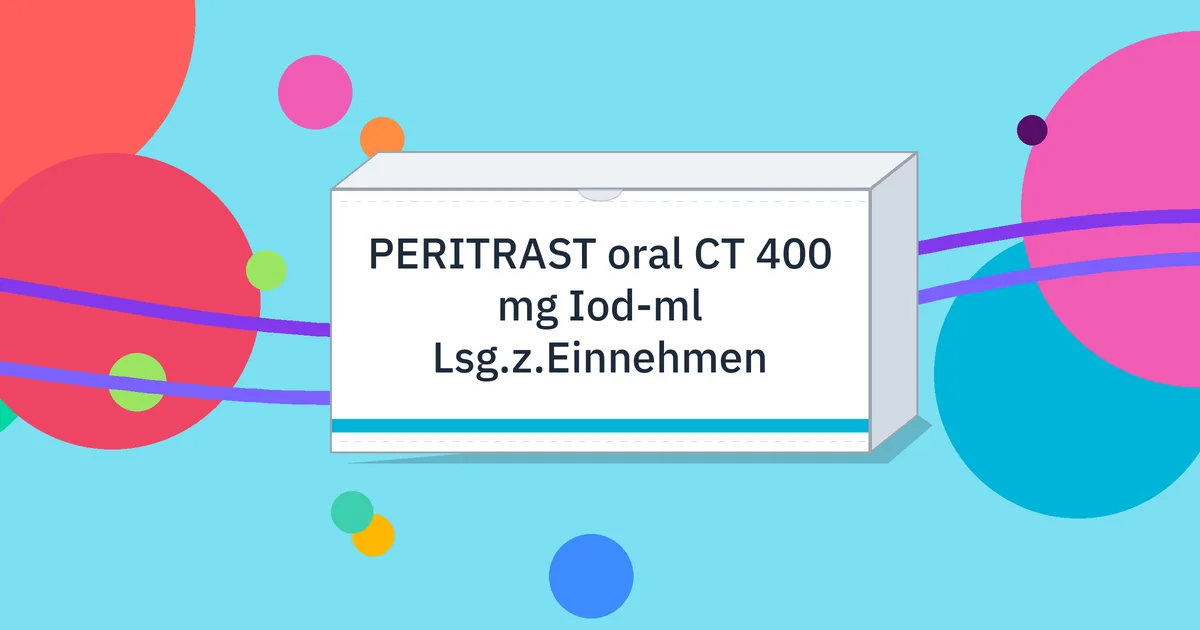Symbolbild: Packung mit der Aufschrift PERITRAST oral CT 400 mg Iod-ml Lsg.z.Einnehmen (PZN 02757658) – Verfügbarkeit und Bezug in Apotheken in Frankfurt am Main