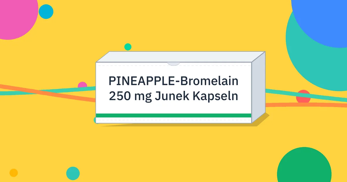 Symbolbild: Packung mit der Aufschrift PINEAPPLE-Bromelain 250 mg Junek Kapseln (PZN 02581840) – Verfügbarkeit und Bezug in Apotheken in Frankfurt am Main