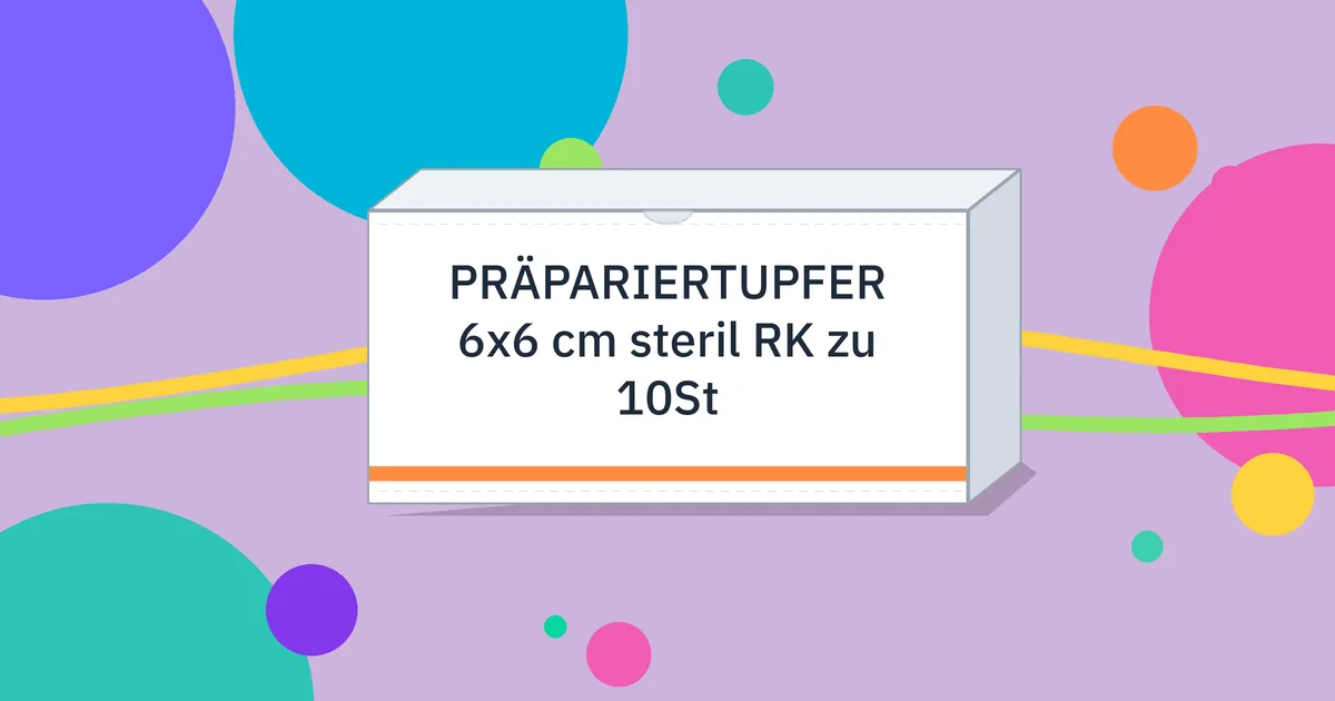 Symbolbild: Packung mit der Aufschrift PRÄPARIERTUPFER 6x6 cm steril RK zu 10St (PZN 13165731) – Verfügbarkeit und Bezug in Apotheken in Frankfurt am Main