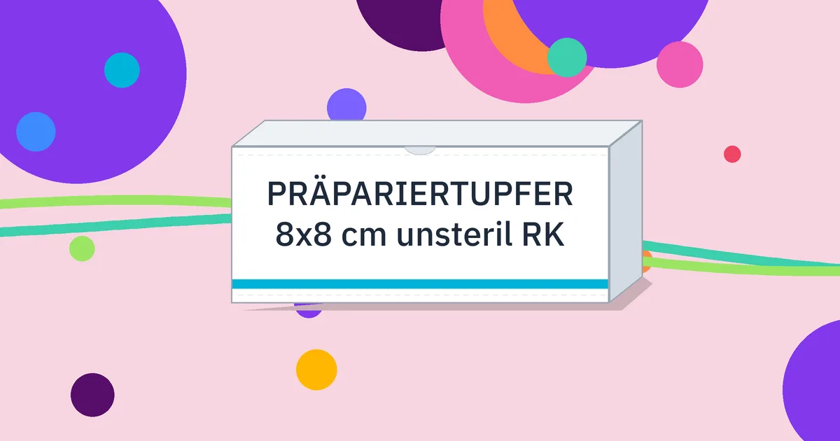 Symbolbild: Packung mit der Aufschrift PRÄPARIERTUPFER 8x8 cm unsteril RK (PZN 13583463) – Verfügbarkeit und Bezug in Apotheken in Frankfurt am Main