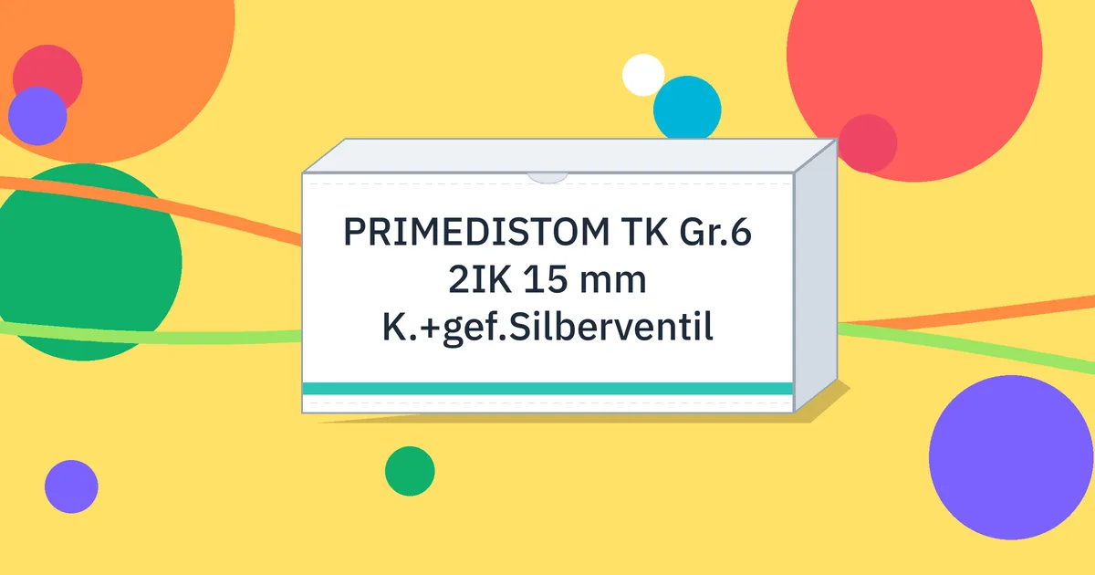 Symbolbild: Packung mit der Aufschrift PRIMEDISTOM TK Gr.6 2IK 15 mm K.+gef.Silberventil (PZN 10230072) – Verfügbarkeit und Bezug in Apotheken in Frankfurt am Main