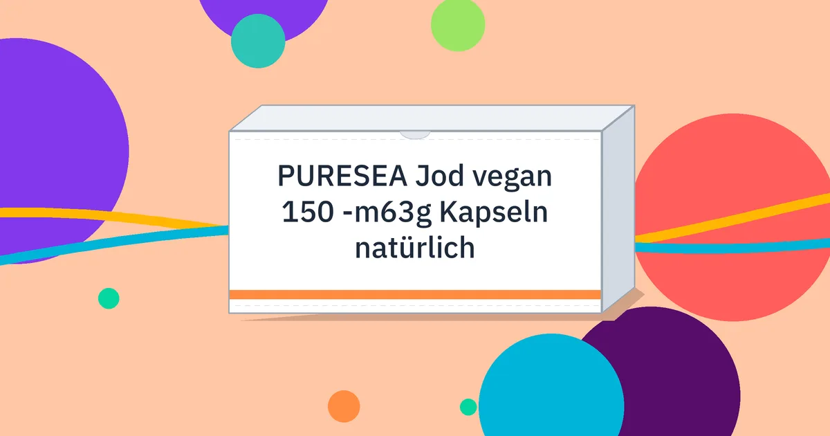 Symbolbild: Packung mit der Aufschrift PURESEA Jod vegan 150 -m63g Kapseln natürlich (PZN 19059349) – Verfügbarkeit und Bezug in Apotheken in Frankfurt am Main