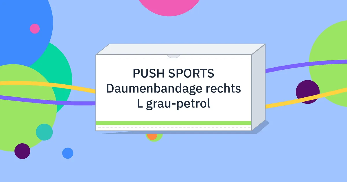 Symbolbild: Packung mit der Aufschrift PUSH SPORTS Daumenbandage rechts L grau-petrol (PZN 13821773) – Verfügbarkeit und Bezug in Apotheken in Frankfurt am Main