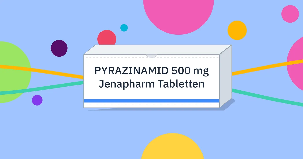 Symbolbild: Packung mit der Aufschrift PYRAZINAMID 500 mg Jenapharm Tabletten (PZN 04433552) – Verfügbarkeit und Bezug in Apotheken in Frankfurt am Main