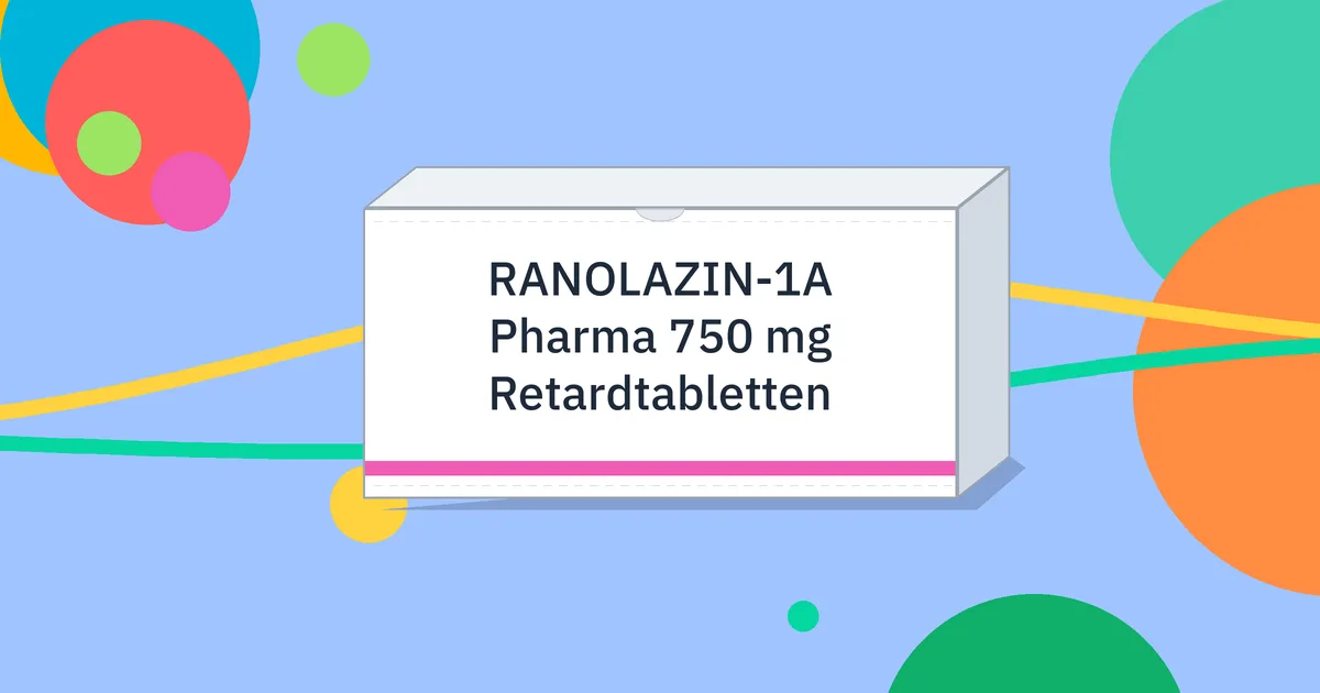 Symbolbild: Packung mit der Aufschrift RANOLAZIN-1A Pharma 750 mg Retardtabletten (PZN 19375085) – Verfügbarkeit und Bezug in Apotheken in Frankfurt am Main