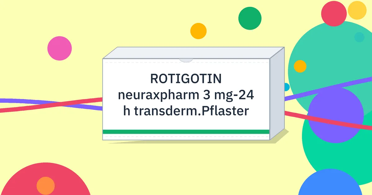 Symbolbild: Packung mit der Aufschrift ROTIGOTIN neuraxpharm 3 mg-24 h transderm.Pflaster (PZN 18369846) – Verfügbarkeit und Bezug in Apotheken in Frankfurt am Main