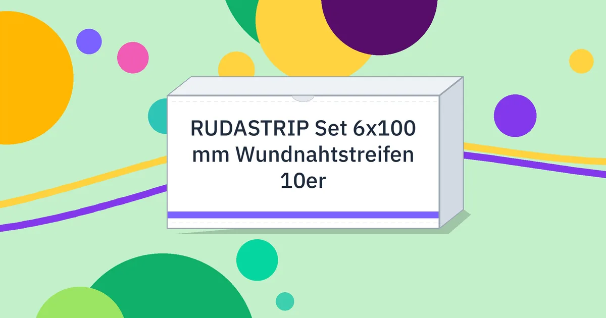 Symbolbild: Packung mit der Aufschrift RUDASTRIP Set 6x100 mm Wundnahtstreifen 10er (PZN 15893104) – Verfügbarkeit und Bezug in Apotheken in Frankfurt am Main