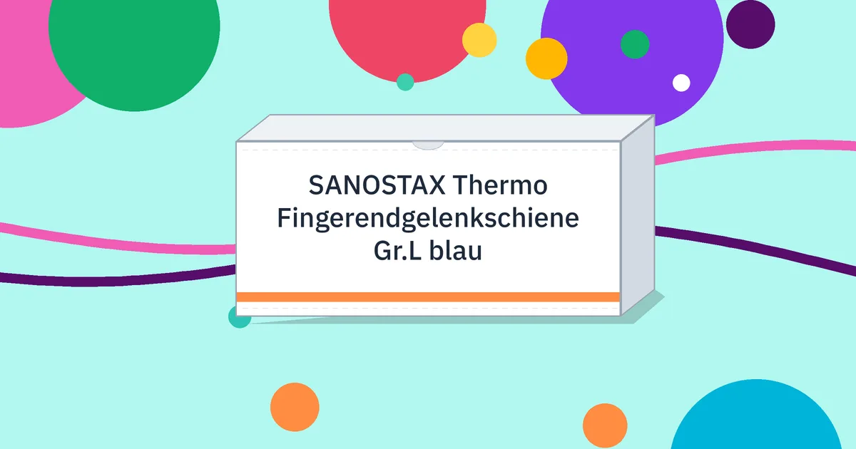 Symbolbild: Packung mit der Aufschrift SANOSTAX Thermo Fingerendgelenkschiene Gr.L blau (PZN 11550459) – Verfügbarkeit und Bezug in Apotheken in Frankfurt am Main