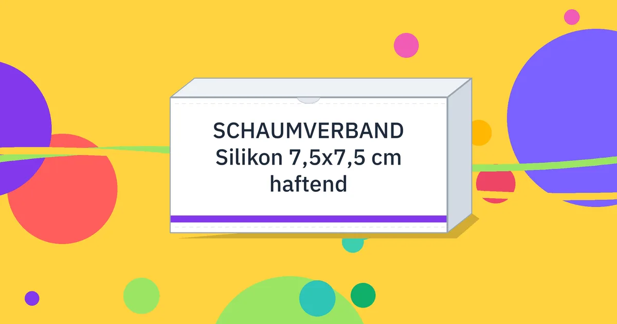 Symbolbild: Packung mit der Aufschrift SCHAUMVERBAND Silikon 7,5x7,5 cm haftend (PZN 14180649) – Verfügbarkeit und Bezug in Apotheken in Frankfurt am Main