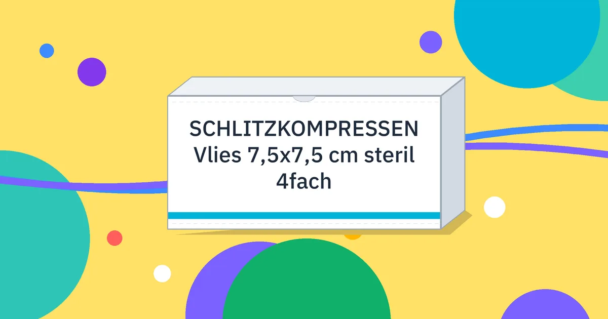 Symbolbild: Packung mit der Aufschrift SCHLITZKOMPRESSEN Vlies 7,5x7,5 cm steril 4fach (PZN 00749028) – Verfügbarkeit und Bezug in Apotheken in Frankfurt am Main