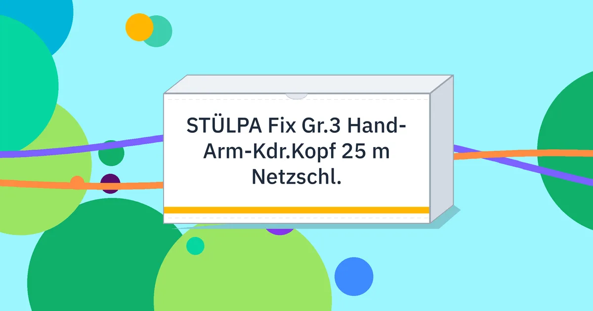 Symbolbild: Packung mit der Aufschrift STÜLPA Fix Gr.3 Hand-Arm-Kdr.Kopf 25 m Netzschl. (PZN 20828600) – Verfügbarkeit und Bezug in Apotheken in Frankfurt am Main