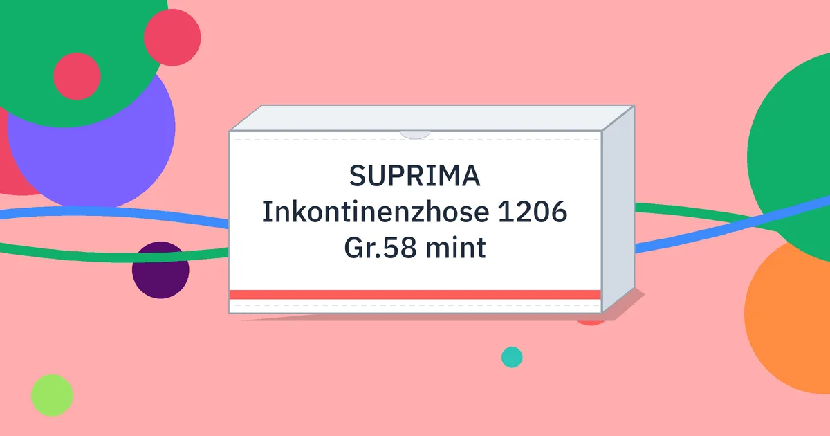 Symbolbild: Packung mit der Aufschrift SUPRIMA Inkontinenzhose 1206 Gr.58 mint (PZN 07632542) – Verfügbarkeit und Bezug in Apotheken in Frankfurt am Main