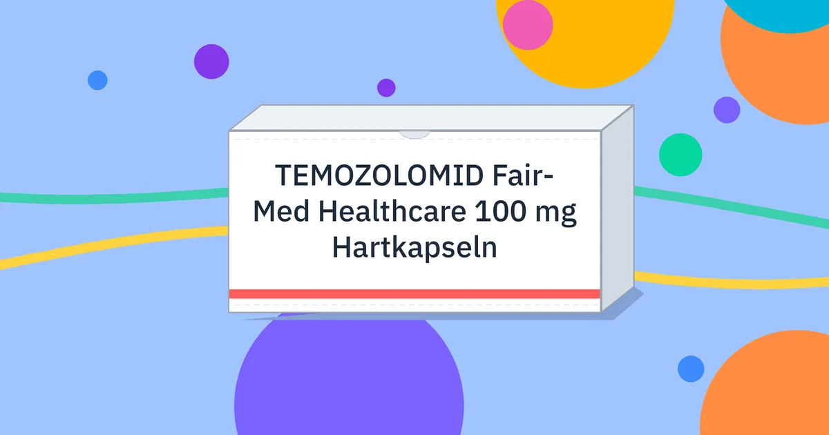 Symbolbild: Packung mit der Aufschrift TEMOZOLOMID Fair-Med Healthcare 100 mg Hartkapseln (PZN 14168016) – Verfügbarkeit und Bezug in Apotheken in Frankfurt am Main