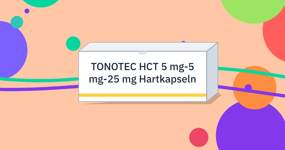 Symbolbild: Packung mit der Aufschrift TONOTEC HCT 5 mg-5 mg-25 mg Hartkapseln (PZN 14408957) – Verfügbarkeit und Bezug in Apotheken in Frankfurt am Main