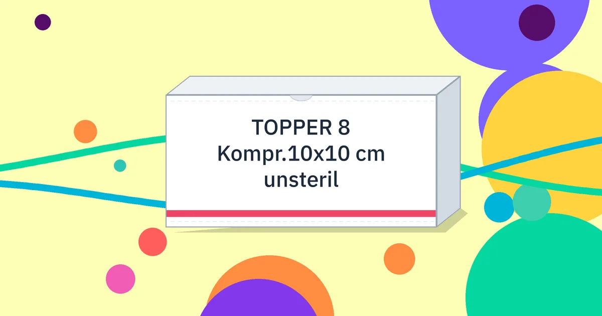 Symbolbild: Packung mit der Aufschrift TOPPER 8 Kompr.10x10 cm unsteril (PZN 03420487) – Verfügbarkeit und Bezug in Apotheken in Frankfurt am Main