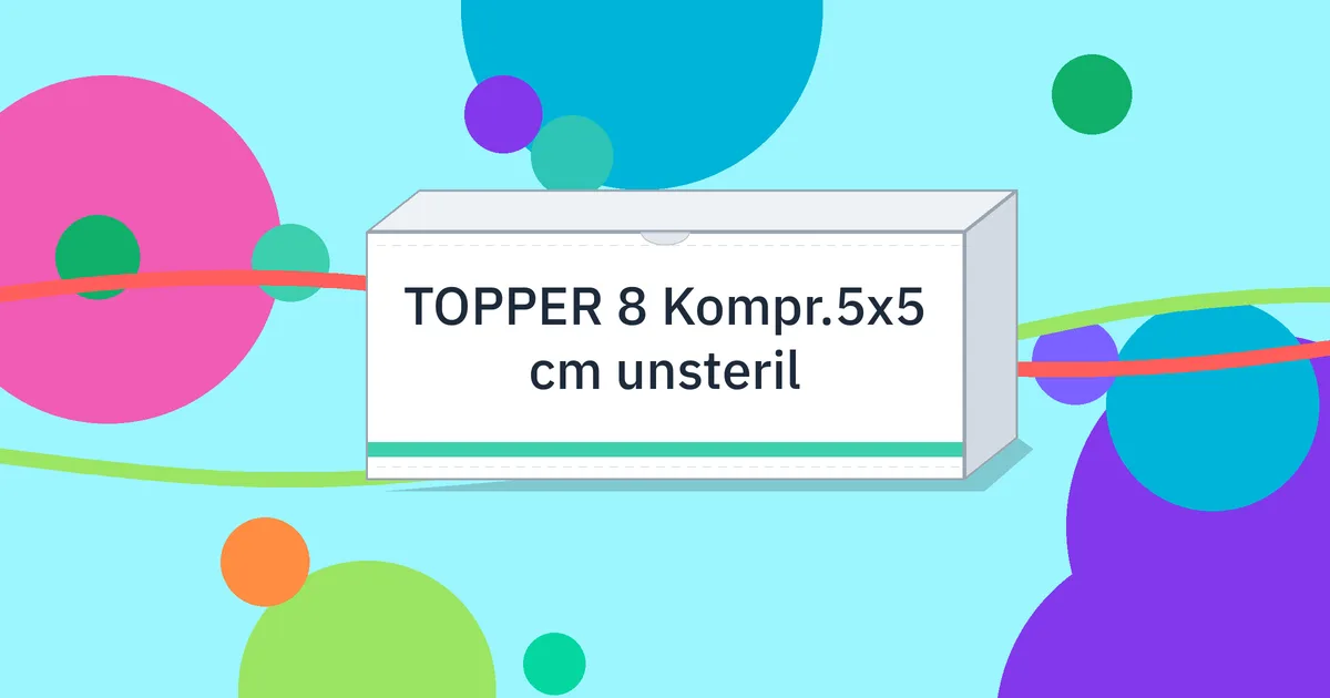 Symbolbild: Packung mit der Aufschrift TOPPER 8 Kompr.5x5 cm unsteril (PZN 05509524) – Verfügbarkeit und Bezug in Apotheken in Frankfurt am Main