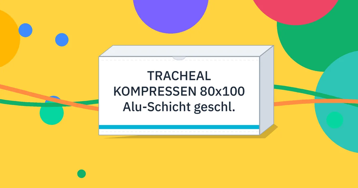Symbolbild: Packung mit der Aufschrift TRACHEAL KOMPRESSEN 80x100 Alu-Schicht geschl. (PZN 03802728) – Verfügbarkeit und Bezug in Apotheken in Frankfurt am Main