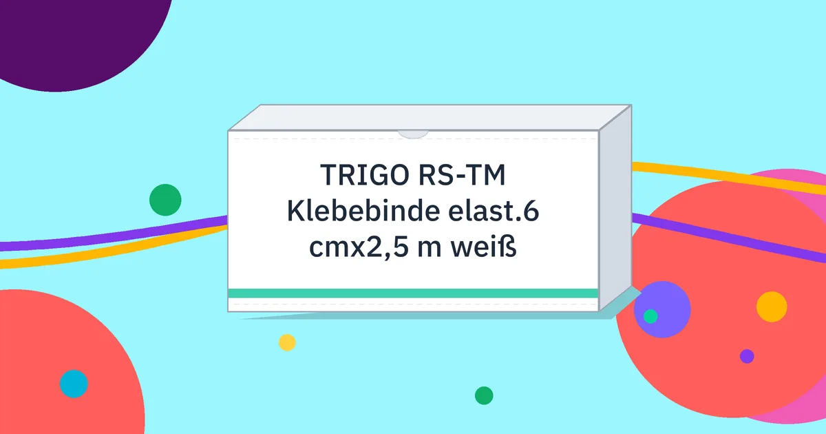 Symbolbild: Packung mit der Aufschrift TRIGO RS-TM Klebebinde elast.6 cmx2,5 m weiß (PZN 20342866) – Verfügbarkeit und Bezug in Apotheken in Frankfurt am Main