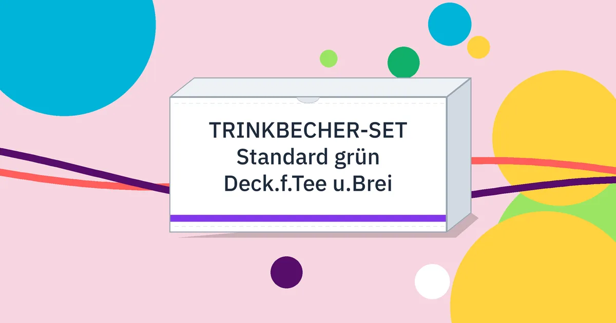 Symbolbild: Packung mit der Aufschrift TRINKBECHER-SET Standard grün Deck.f.Tee u.Brei (PZN 01230825) – Verfügbarkeit und Bezug in Apotheken in Frankfurt am Main