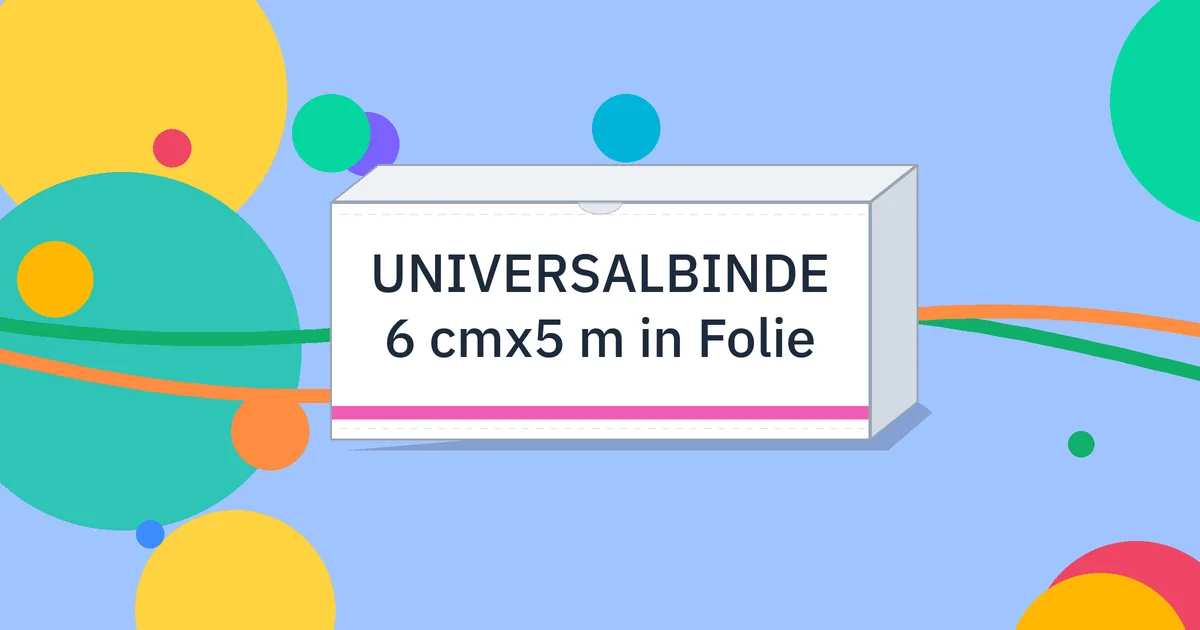 Symbolbild: Packung mit der Aufschrift UNIVERSALBINDE 6 cmx5 m in Folie (PZN 07095630) – Verfügbarkeit und Bezug in Apotheken in Frankfurt am Main