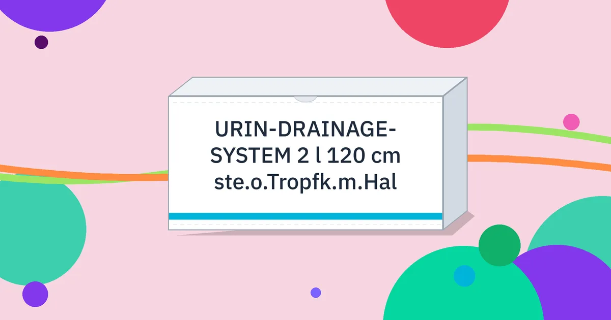 Symbolbild: Packung mit der Aufschrift URIN-DRAINAGE-SYSTEM 2 l 120 cm ste.o.Tropfk.m.Hal (PZN 04999638) – Verfügbarkeit und Bezug in Apotheken in Frankfurt am Main