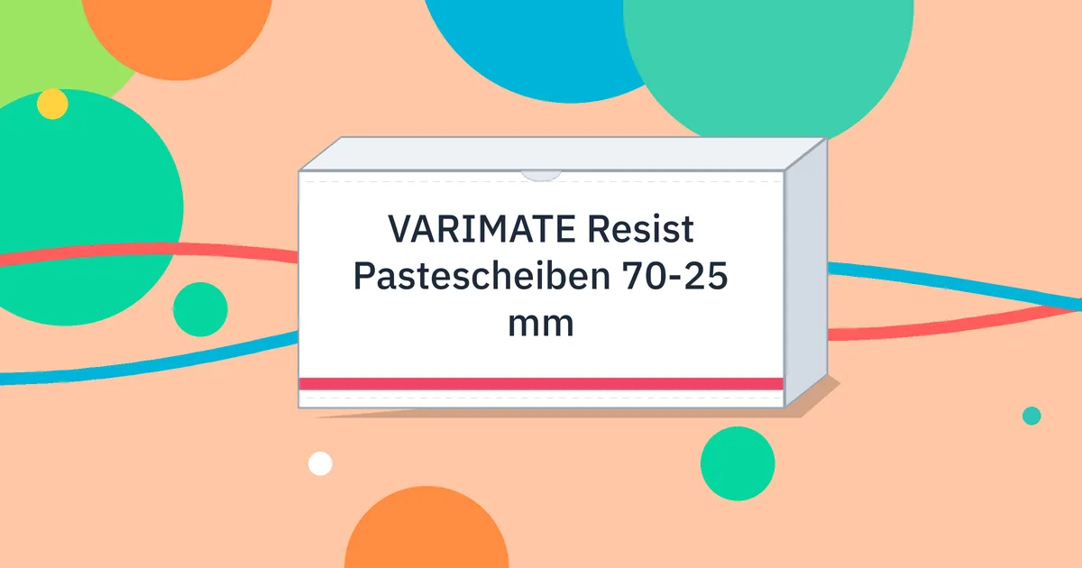 Symbolbild: Packung mit der Aufschrift VARIMATE Resist Pastescheiben 70-25 mm (PZN 02788535) – Verfügbarkeit und Bezug in Apotheken in Frankfurt am Main