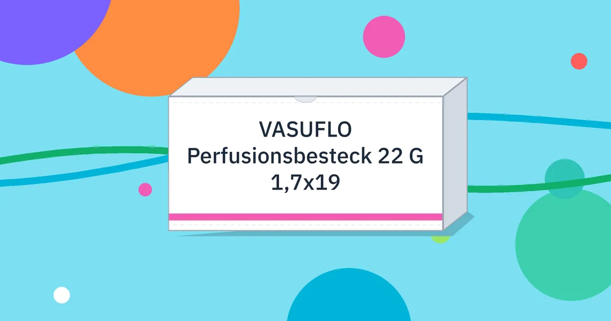 Symbolbild: Packung mit der Aufschrift VASUFLO Perfusionsbesteck 22 G 1,7x19 (PZN 03043375) – Verfügbarkeit und Bezug in Apotheken in Frankfurt am Main