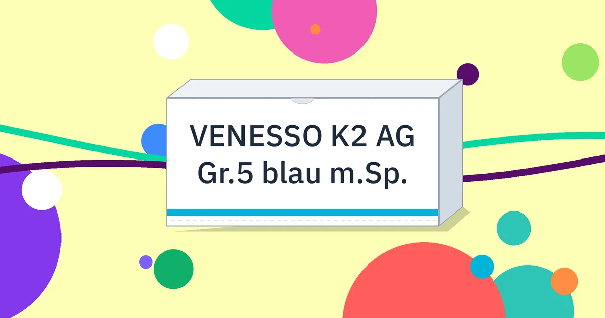 Symbolbild: Packung mit der Aufschrift VENESSO K2 AG Gr.5 blau m.Sp. (PZN 03278150) – Verfügbarkeit und Bezug in Apotheken in Frankfurt am Main
