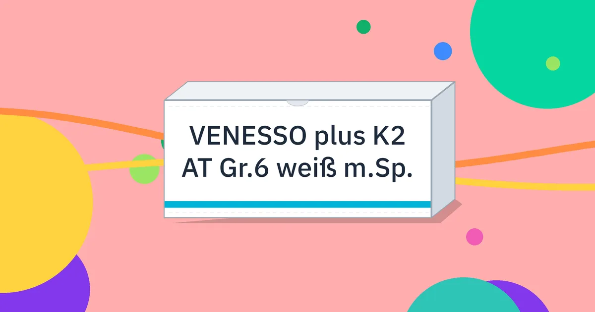 Symbolbild: Packung mit der Aufschrift VENESSO plus K2 AT Gr.6 weiß m.Sp. (PZN 03287858) – Verfügbarkeit und Bezug in Apotheken in Frankfurt am Main