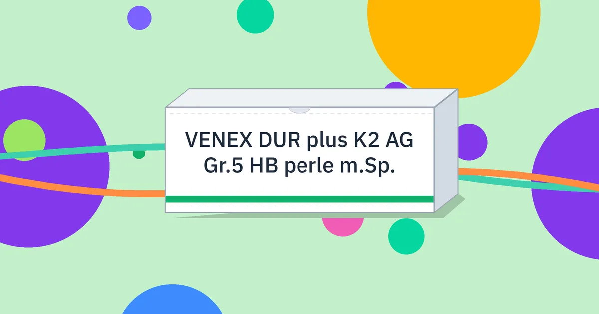 Symbolbild: Packung mit der Aufschrift VENEX DUR plus K2 AG Gr.5 HB perle m.Sp. (PZN 03236447) – Verfügbarkeit und Bezug in Apotheken in Frankfurt am Main