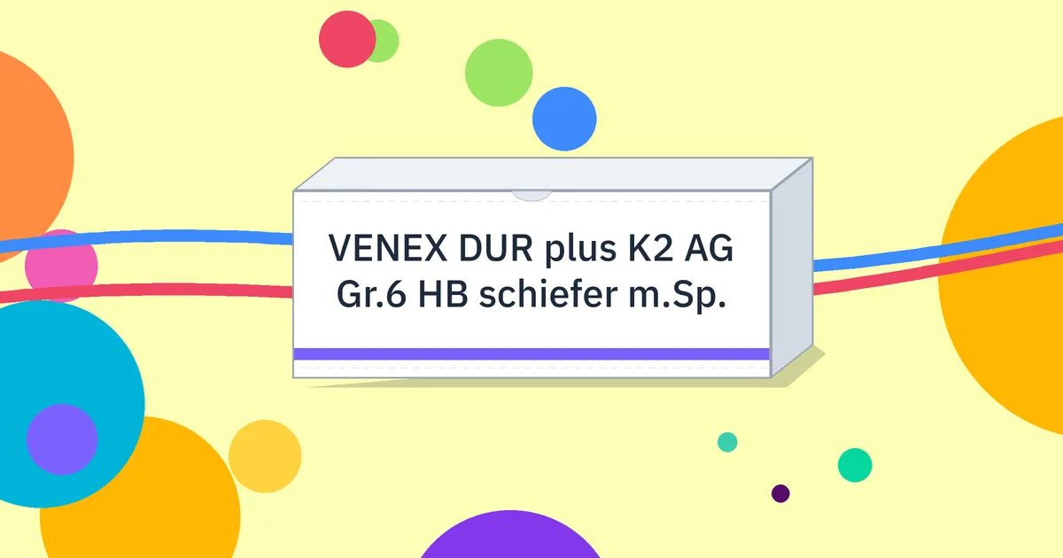 Symbolbild: Packung mit der Aufschrift VENEX DUR plus K2 AG Gr.6 HB schiefer m.Sp. (PZN 03236714) – Verfügbarkeit und Bezug in Apotheken in Frankfurt am Main