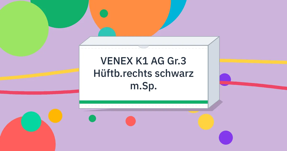 Symbolbild: Packung mit der Aufschrift VENEX K1 AG Gr.3 Hüftb.rechts schwarz m.Sp. (PZN 03203637) – Verfügbarkeit und Bezug in Apotheken in Frankfurt am Main