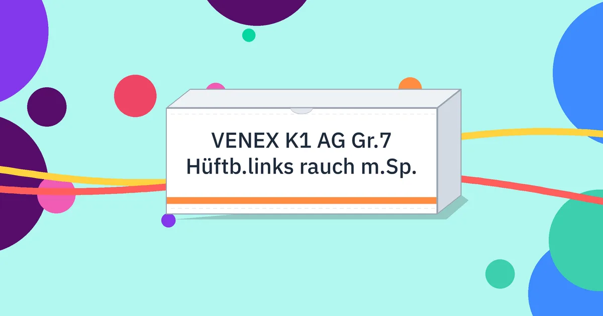 Symbolbild: Packung mit der Aufschrift VENEX K1 AG Gr.7 Hüftb.links rauch m.Sp. (PZN 03199663) – Verfügbarkeit und Bezug in Apotheken in Frankfurt am Main