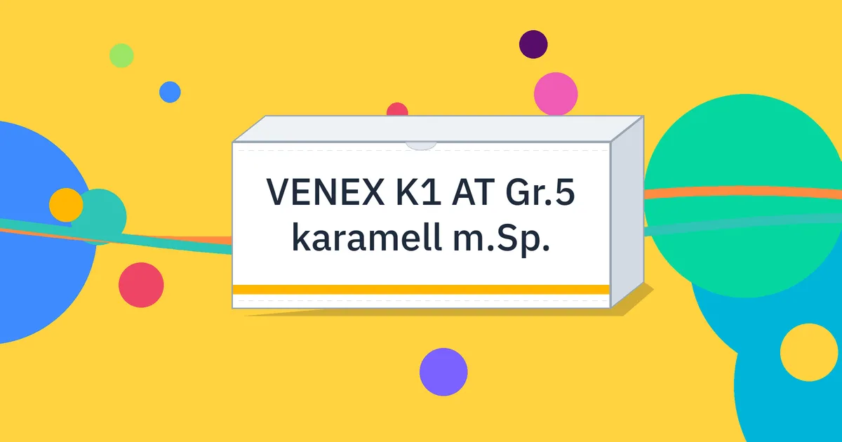 Symbolbild: Packung mit der Aufschrift VENEX K1 AT Gr.5 karamell m.Sp. (PZN 13759206) – Verfügbarkeit und Bezug in Apotheken in Frankfurt am Main