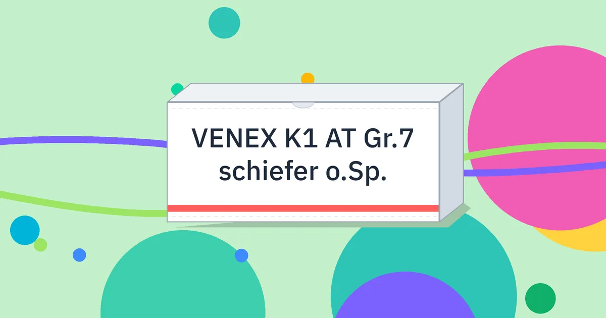 Symbolbild: Packung mit der Aufschrift VENEX K1 AT Gr.7 schiefer o.Sp. (PZN 03198296) – Verfügbarkeit und Bezug in Apotheken in Frankfurt am Main