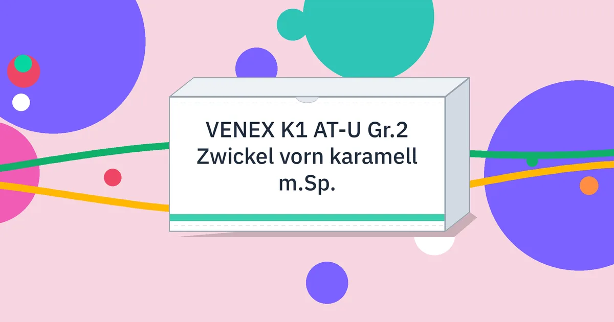 Symbolbild: Packung mit der Aufschrift VENEX K1 AT-U Gr.2 Zwickel vorn karamell m.Sp. (PZN 13759318) – Verfügbarkeit und Bezug in Apotheken in Frankfurt am Main