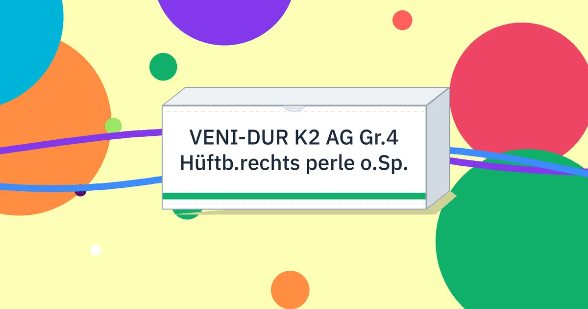 Symbolbild: Packung mit der Aufschrift VENI-DUR K2 AG Gr.4 Hüftb.rechts perle o.Sp. (PZN 03252825) – Verfügbarkeit und Bezug in Apotheken in Frankfurt am Main