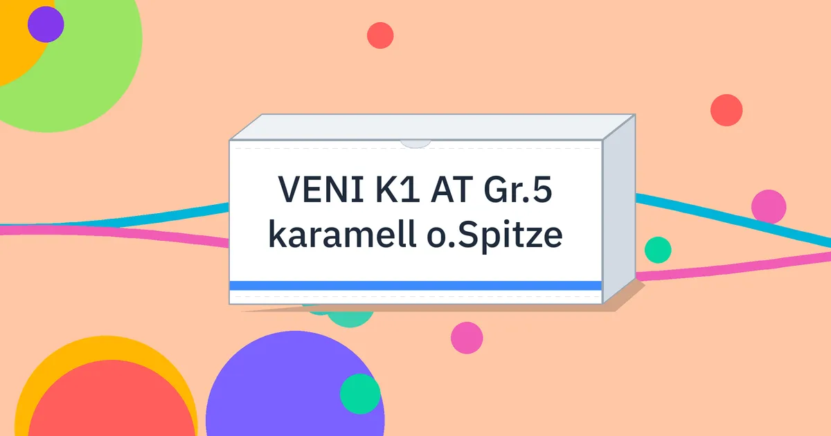 Symbolbild: Packung mit der Aufschrift VENI K1 AT Gr.5 karamell o.Spitze (PZN 13756917) – Verfügbarkeit und Bezug in Apotheken in Frankfurt am Main
