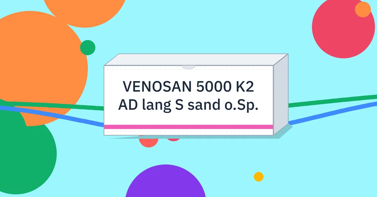 Symbolbild: Packung mit der Aufschrift VENOSAN 5000 K2 AD lang S sand o.Sp. (PZN 14428486) – Verfügbarkeit und Bezug in Apotheken in Frankfurt am Main