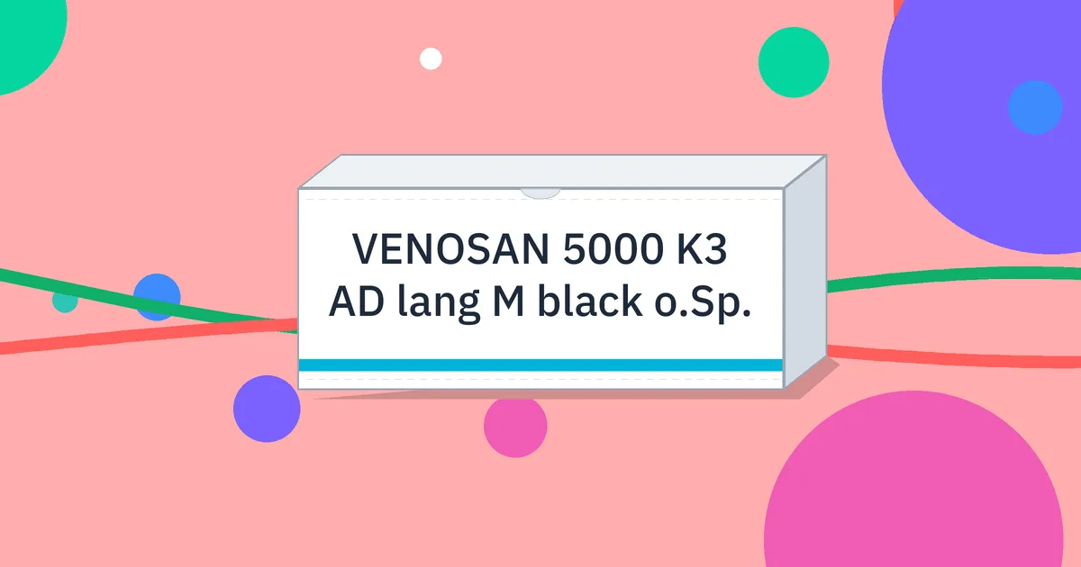 Symbolbild: Packung mit der Aufschrift VENOSAN 5000 K3 AD lang M black o.Sp. (PZN 14433866) – Verfügbarkeit und Bezug in Apotheken in Frankfurt am Main
