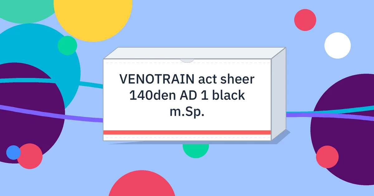 Symbolbild: Packung mit der Aufschrift VENOTRAIN act sheer 140den AD 1 black m.Sp. (PZN 16209191) – Verfügbarkeit und Bezug in Apotheken in Frankfurt am Main