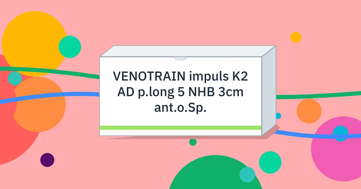 Symbolbild: Packung mit der Aufschrift VENOTRAIN impuls K2 AD p.long 5 NHB 3cm ant.o.Sp. (PZN 15224573) – Verfügbarkeit und Bezug in Apotheken in Frankfurt am Main