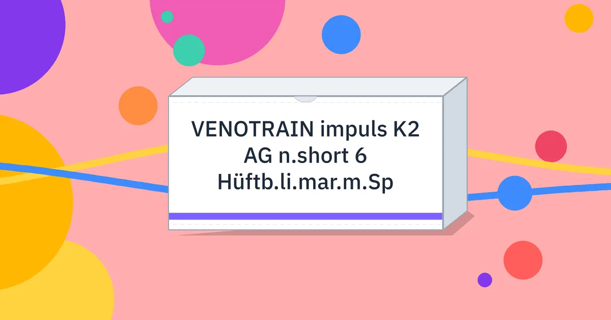 Symbolbild: Packung mit der Aufschrift VENOTRAIN impuls K2 AG n.short 6 Hüftb.li.mar.m.Sp (PZN 15218785) – Verfügbarkeit und Bezug in Apotheken in Frankfurt am Main